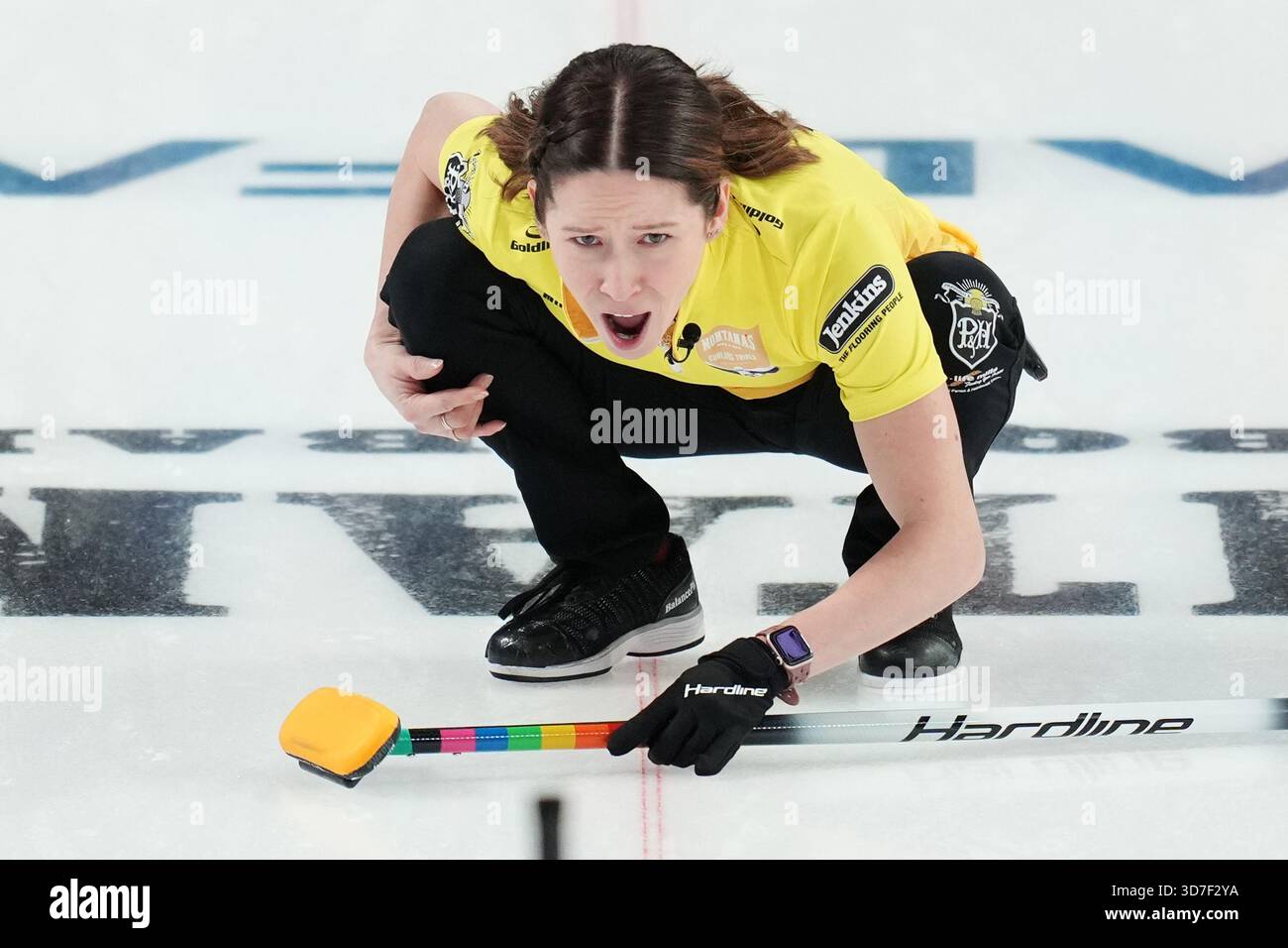 Kaitlyn Lawes yells directions after throwing a rock during Canadian ...