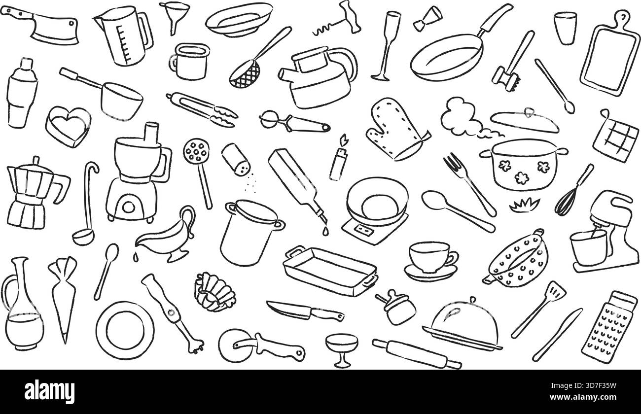 Kitchen cook doodle utensil icons for chef sketch hand drawn ...
