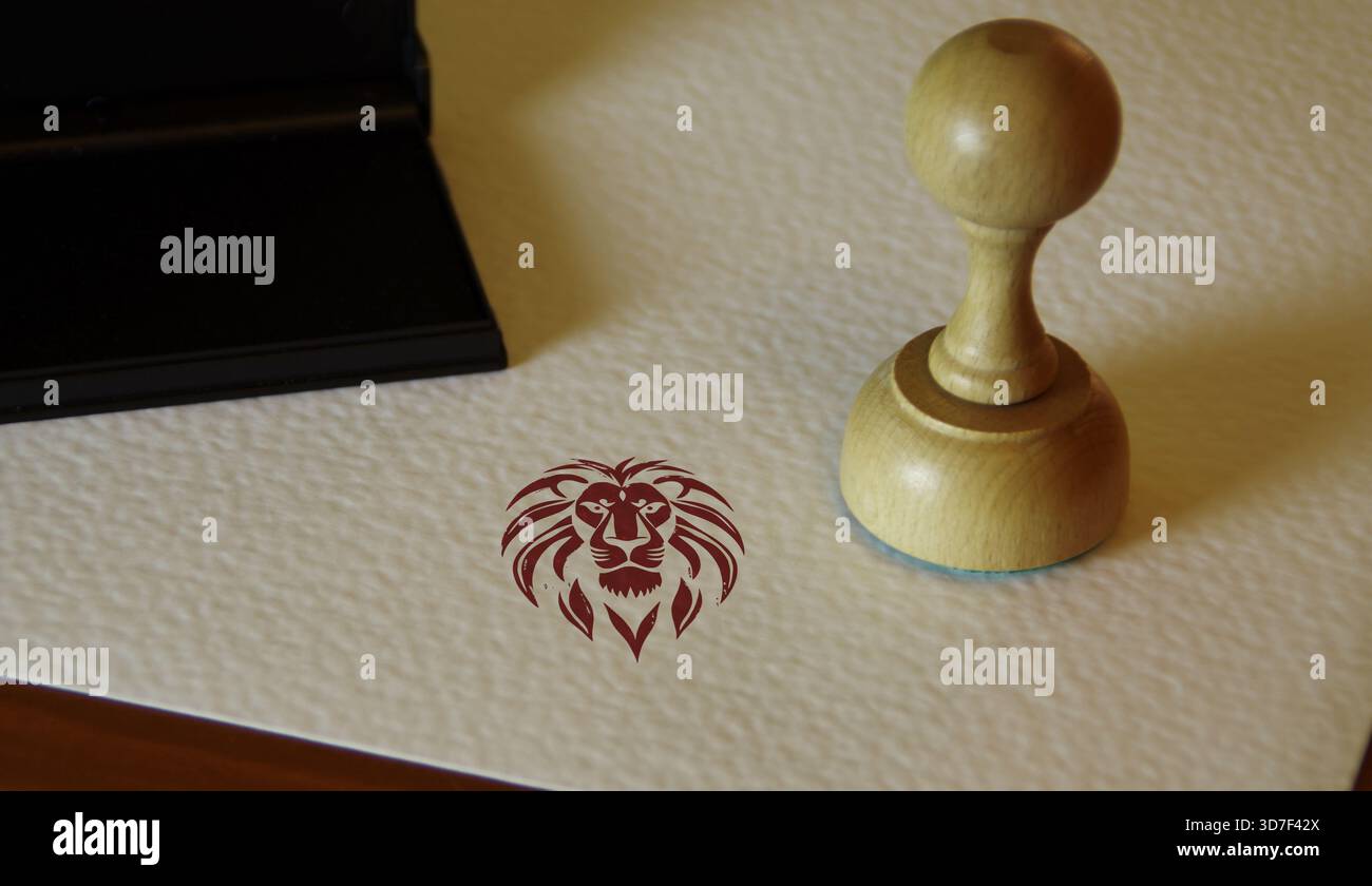 Lion head africa symbol stamp and stamping hand. Wildlife king concept ...