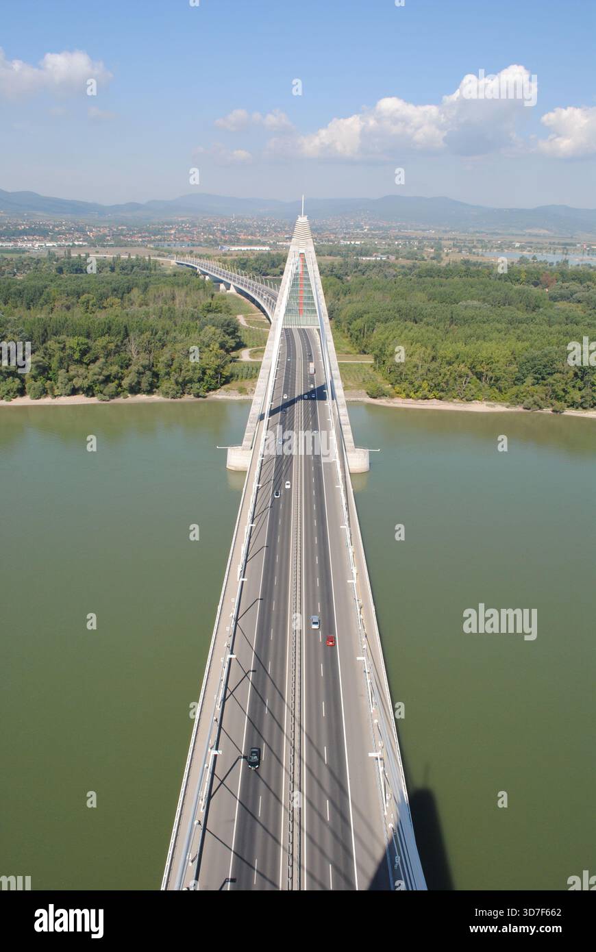 Panoramic view from the top of the eastern pylon of Megyeri bridge over ...