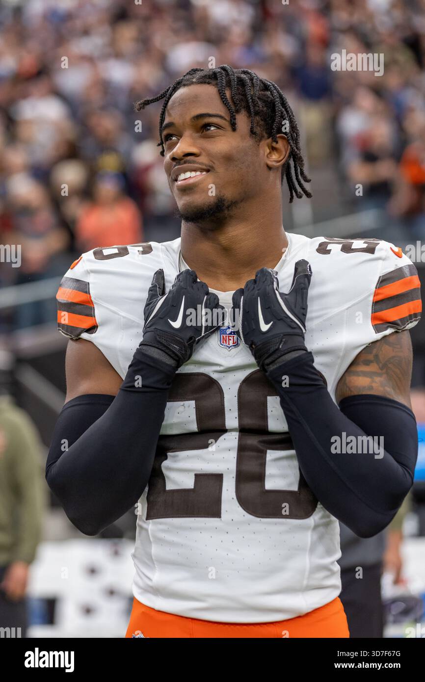 Cleveland Browns cornerback Myles Harden (26) stands for the national ...