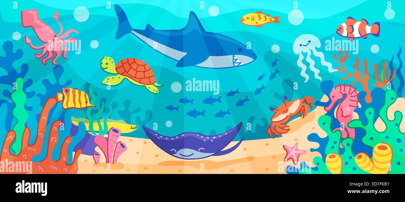 Underwater sea animal, seabed scene with cute fish, marine life for ...
