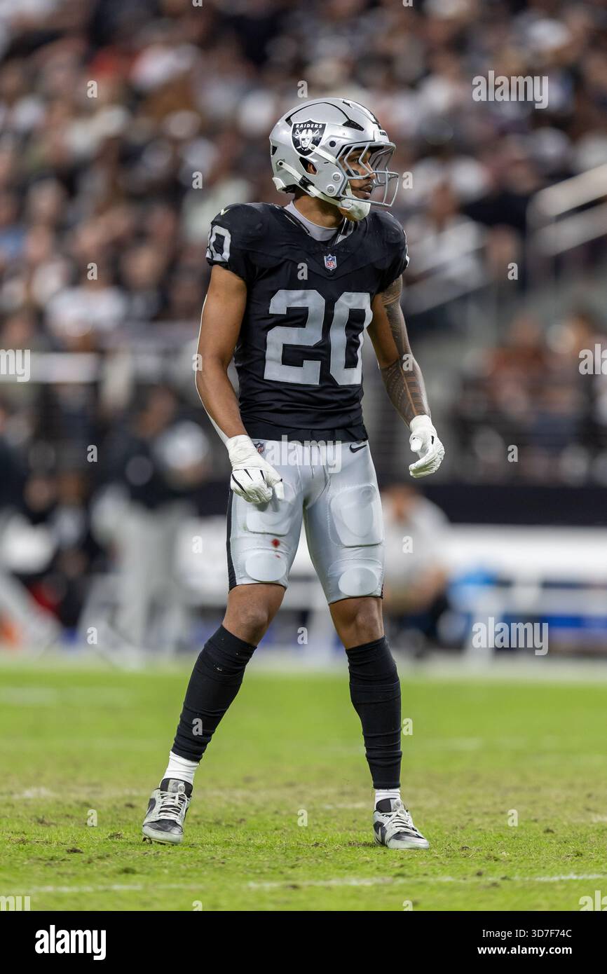 Las Vegas Raiders safety Isaiah Pola-Mao (20) lines up against the Cleveland Browns in an NFL ...