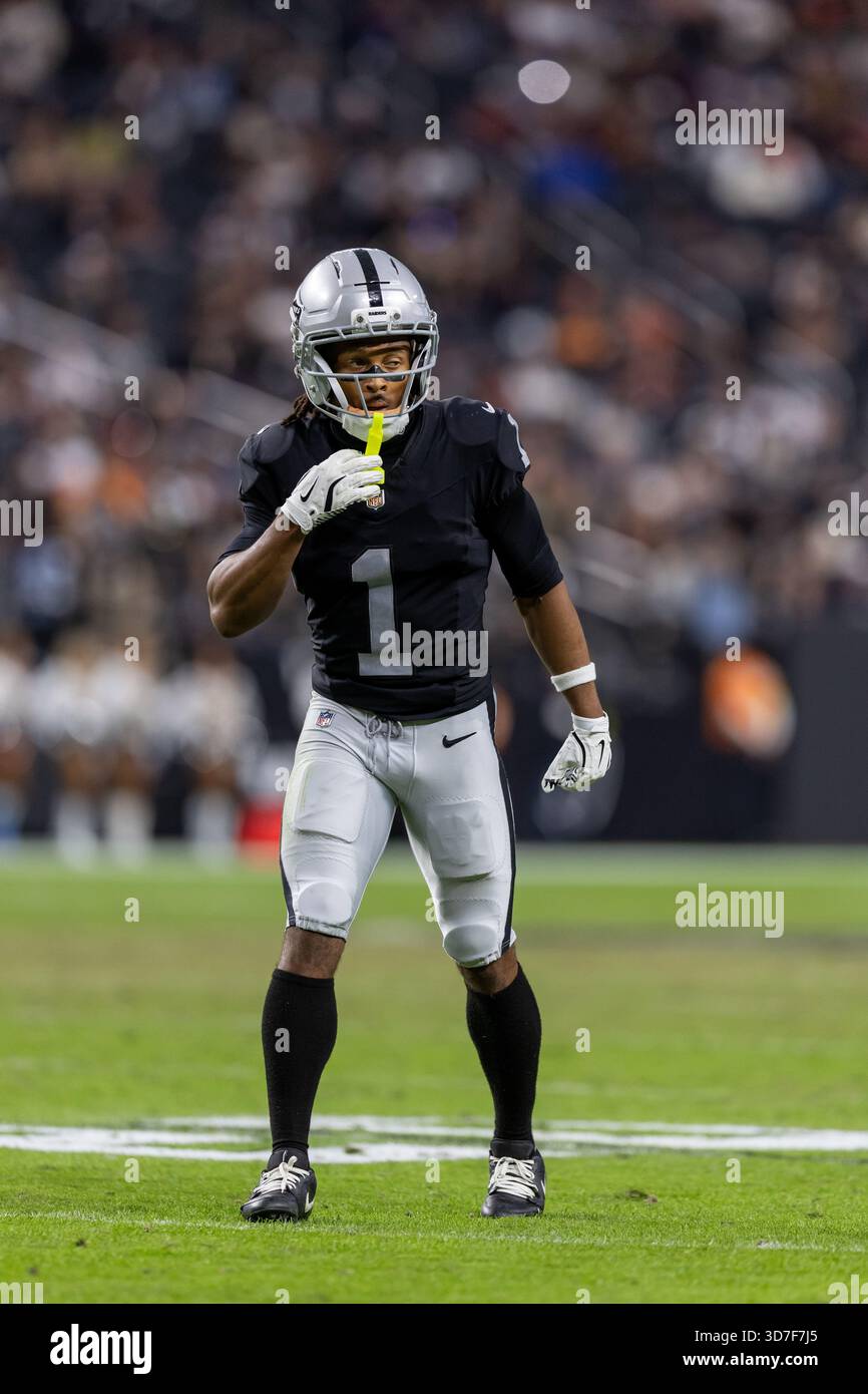 Las Vegas Raiders wide receiver Tre Tucker (1) lines up against the ...