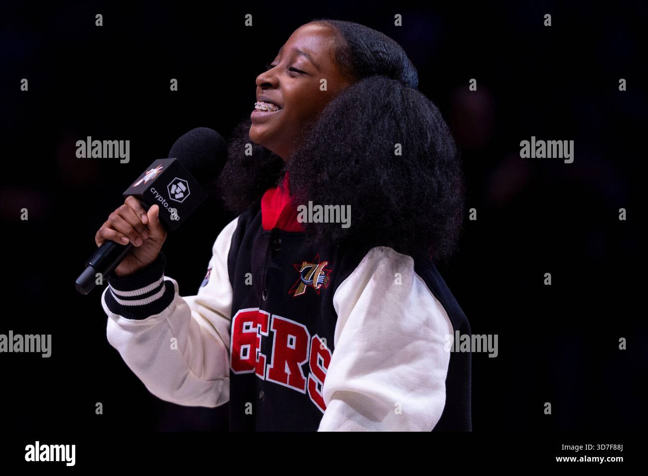 Mariah Rae performs the National Anthem prior to an NBA basketball game ...