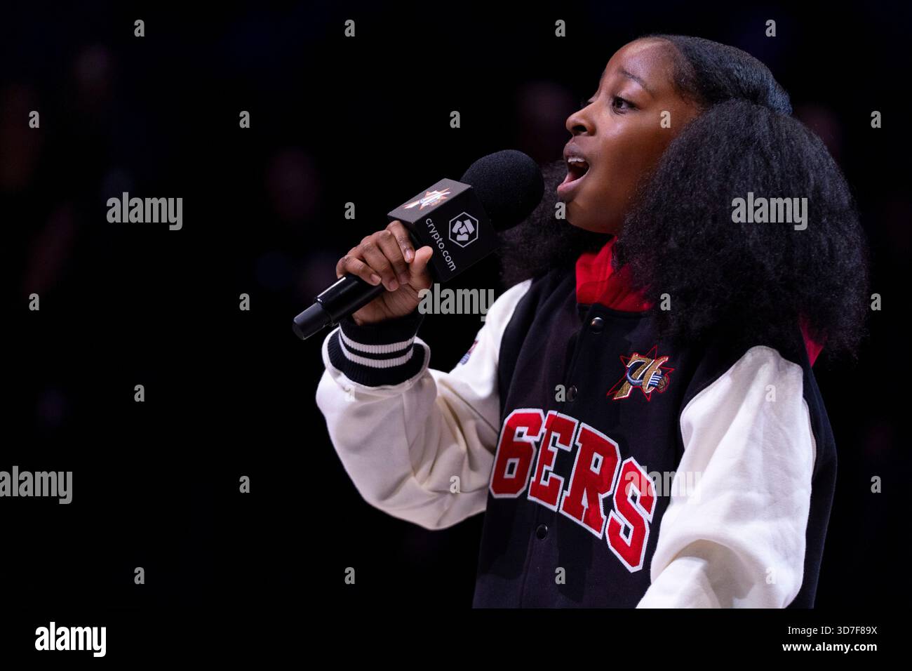 Mariah Rae performs the National Anthem prior to an NBA basketball game ...