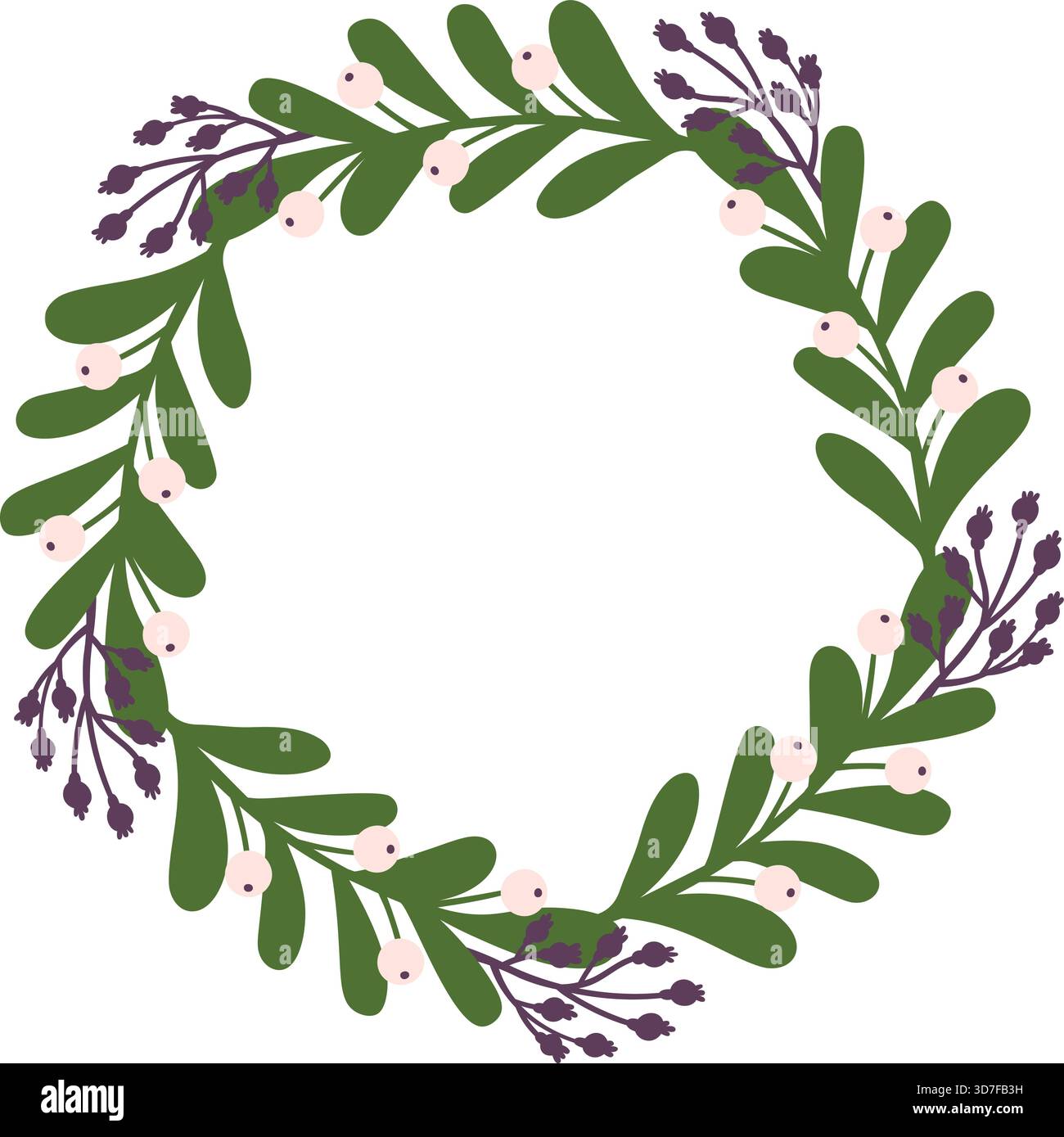 A wreath made of green leaves and purple flowers. The wreath is white ...