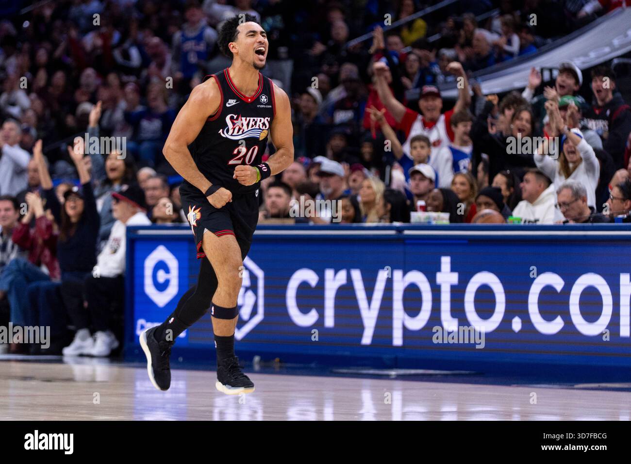 Philadelphia 76ers' Jared McCain reacts during an NBA basketball game ...