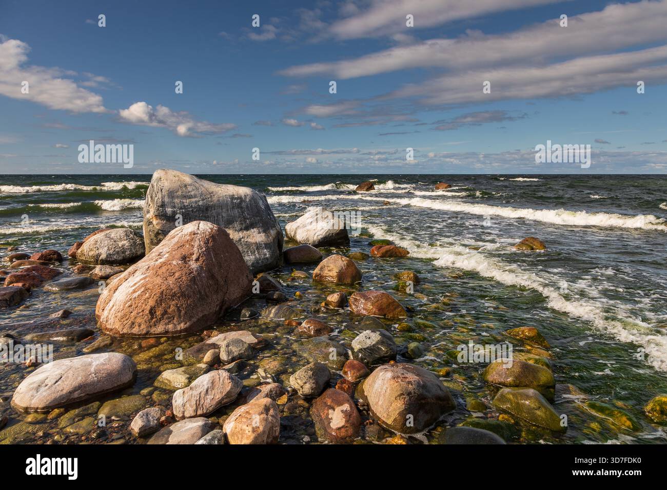 Baltic Sea shoreline with large coastal boulders and waves rolling onto ...