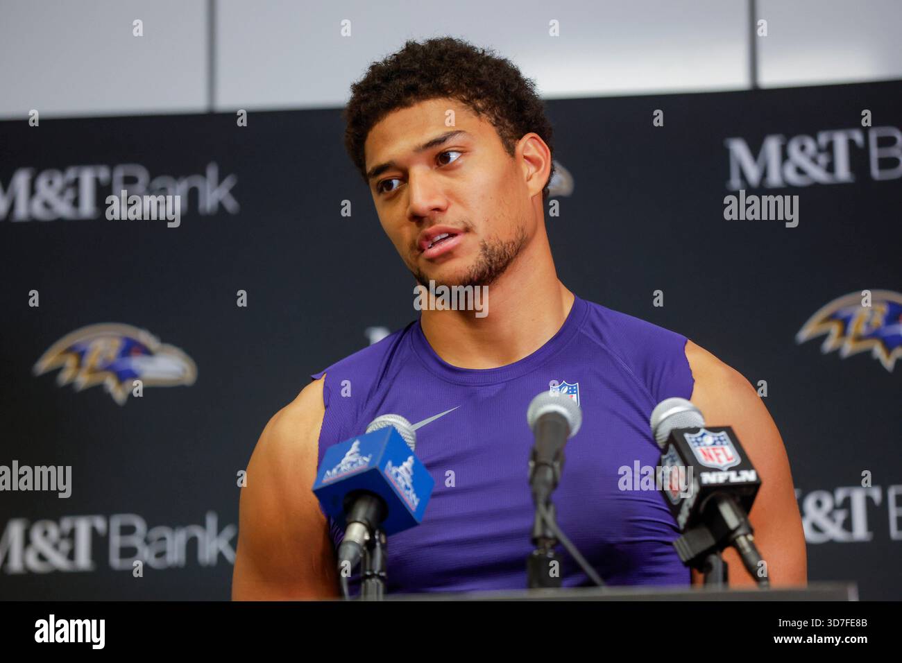Baltimore Ravens safety Kyle Hamilton talks to reporters after an NFL ...