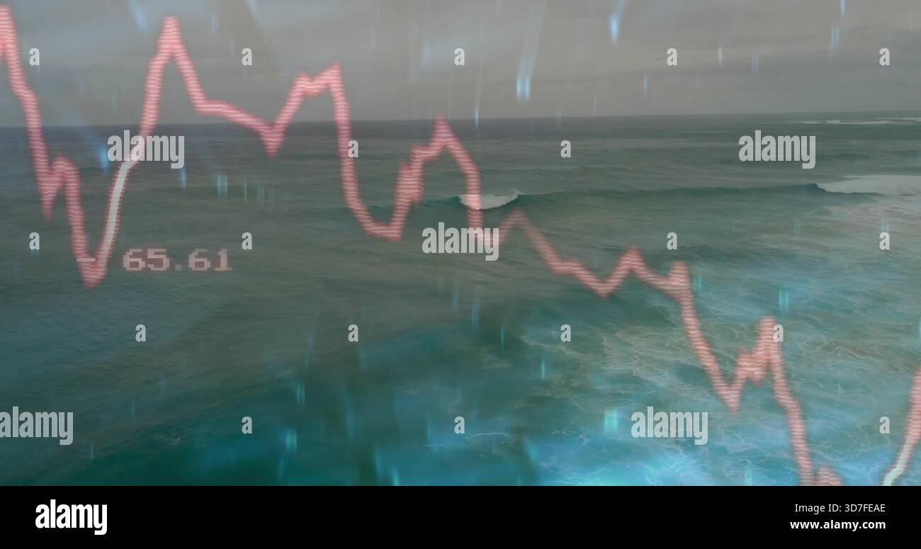 Displaying pink jagged chart tracing decline over ocean waves under ...