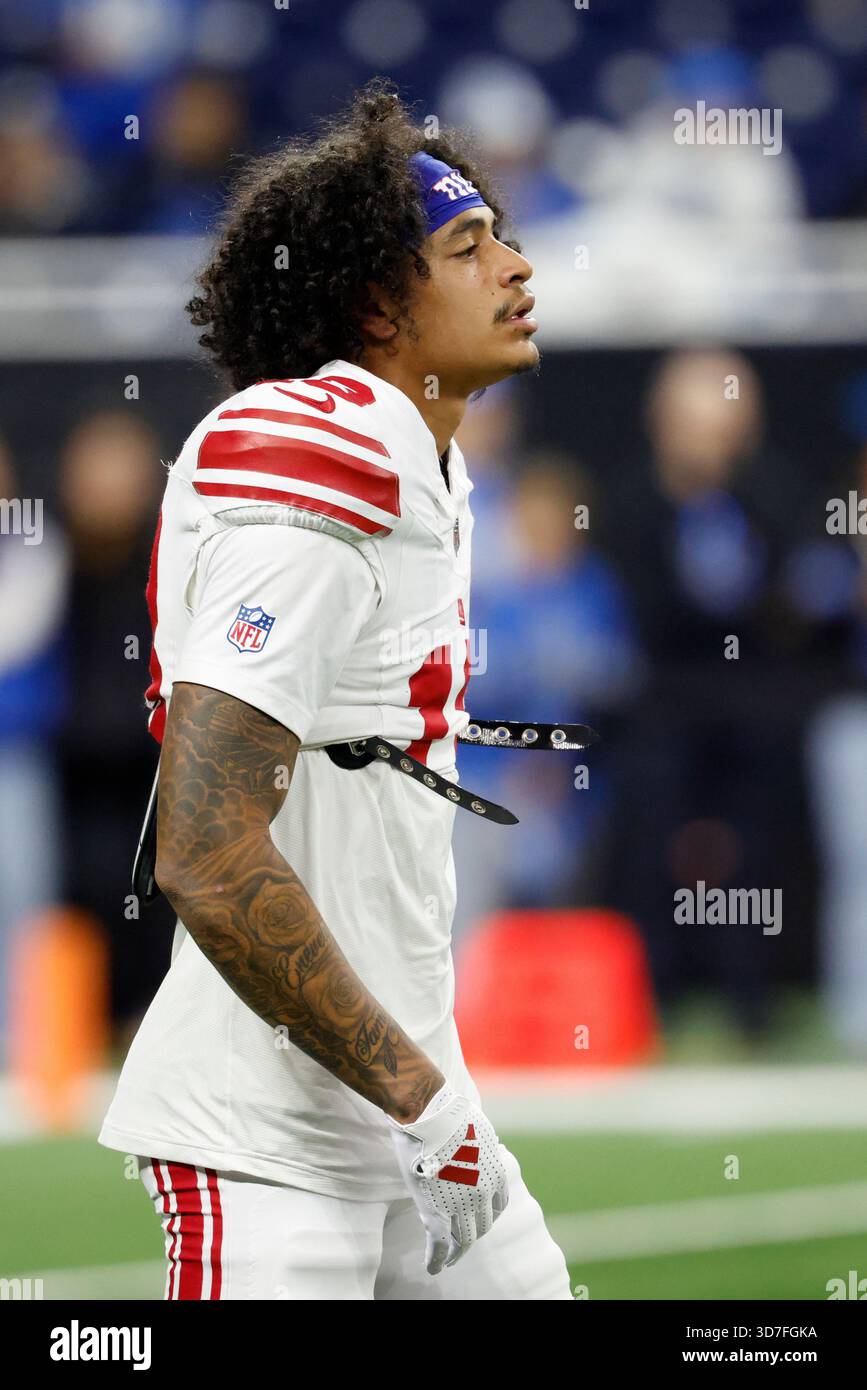New York Giants wide receiver Jalin Hyatt (13) looks on against the ...