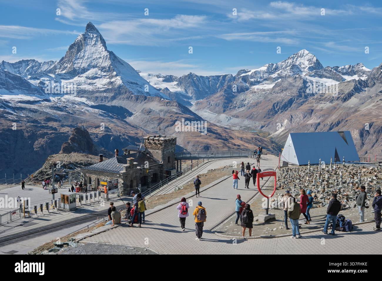 Visitors at the Gornergrat summit with the Matterhorn behind Stock ...