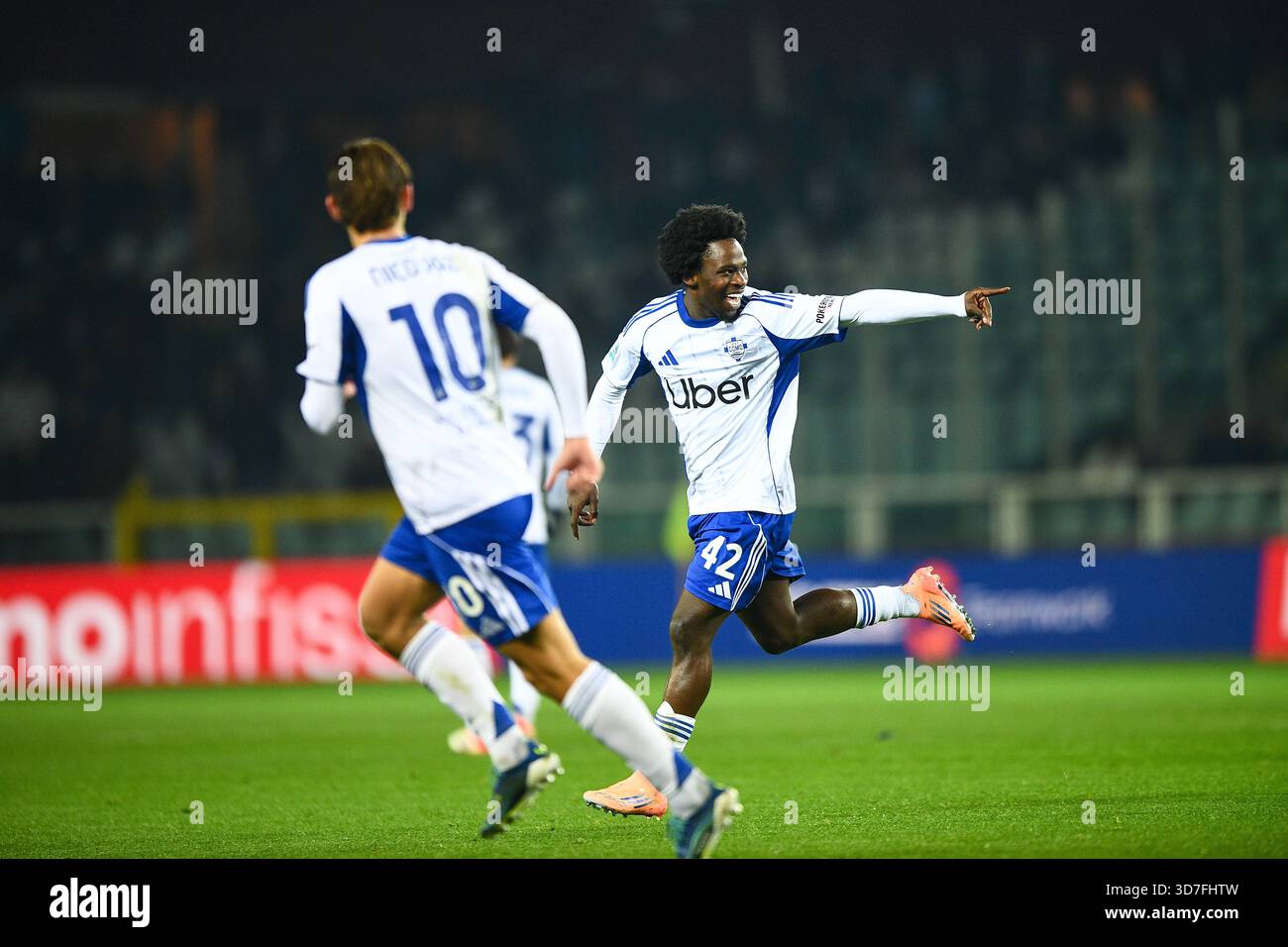 TURIN, ITALY - NOVEMBER 24: Nicolas Paz of Como, Jayden Addai of Como ...
