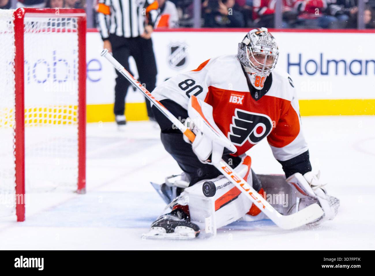 Philadelphia Flyers' Dan Vladar makes the save during an NHL hockey ...