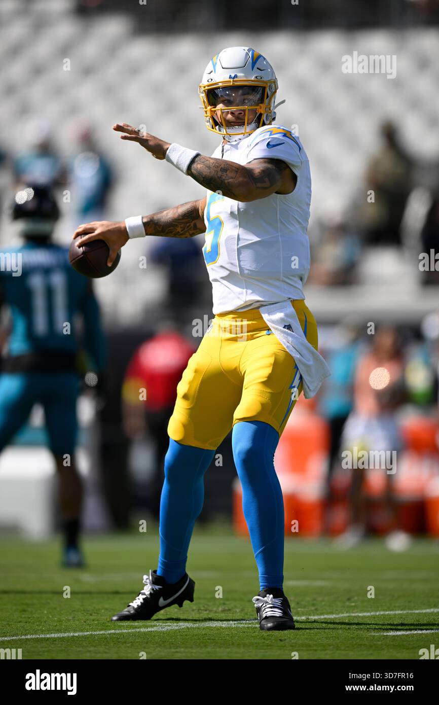 Los Angeles Chargers quarterback Trey Lance (5) warms up before an NFL ...