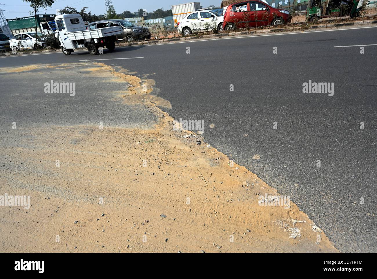NEW DELHI, INDIA - NOVEMBER 25: Road Crack in fly over near Haiderpur ...
