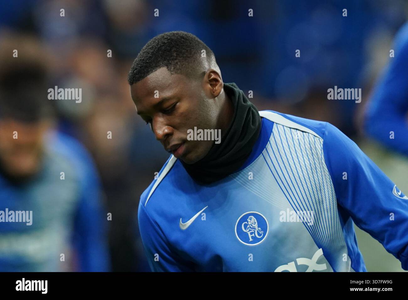 Moises Caicedo of Chelsea warming up prior to the Chelsea v FC Barcelona UEFA Champions League ...
