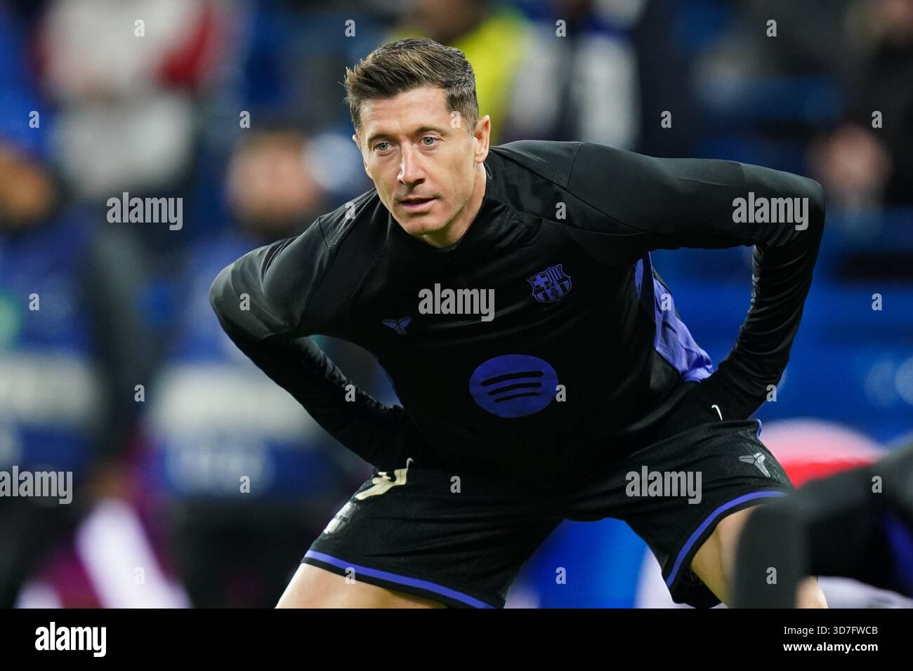 Robert Lewandowski of Barcelona warming up prior to the Chelsea v FC ...