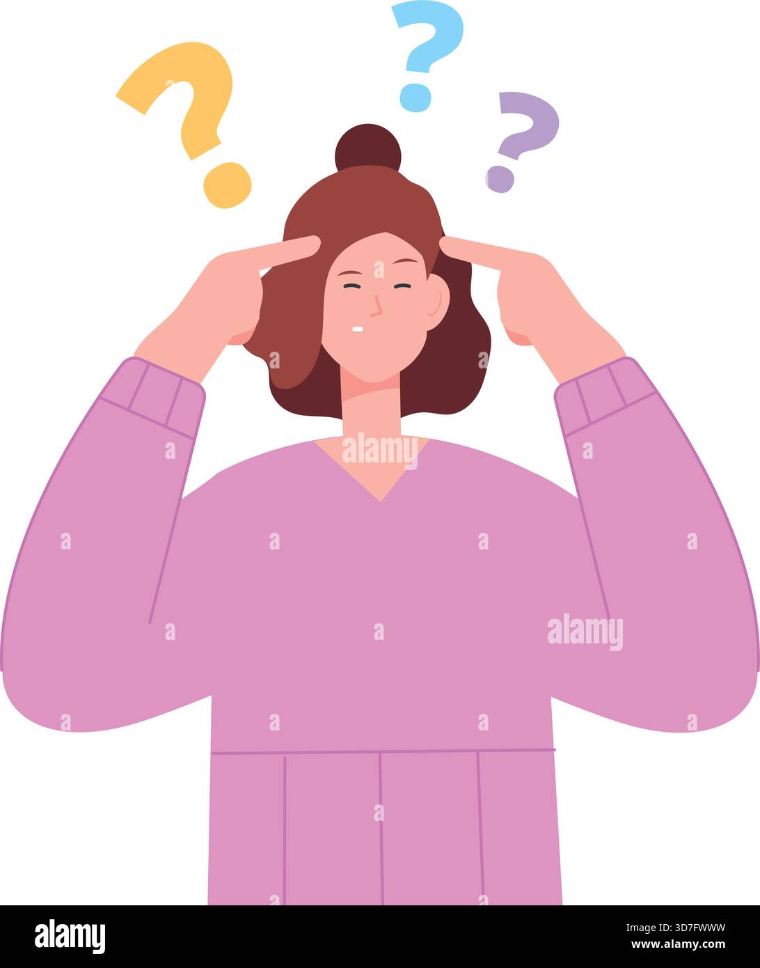 Hesitating woman with question marks. Worried person problem isolated ...