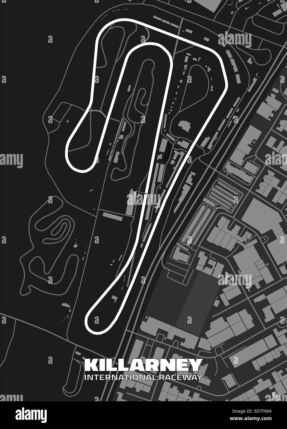 A grayscale map depicts the Killarney International Raceway. The ...