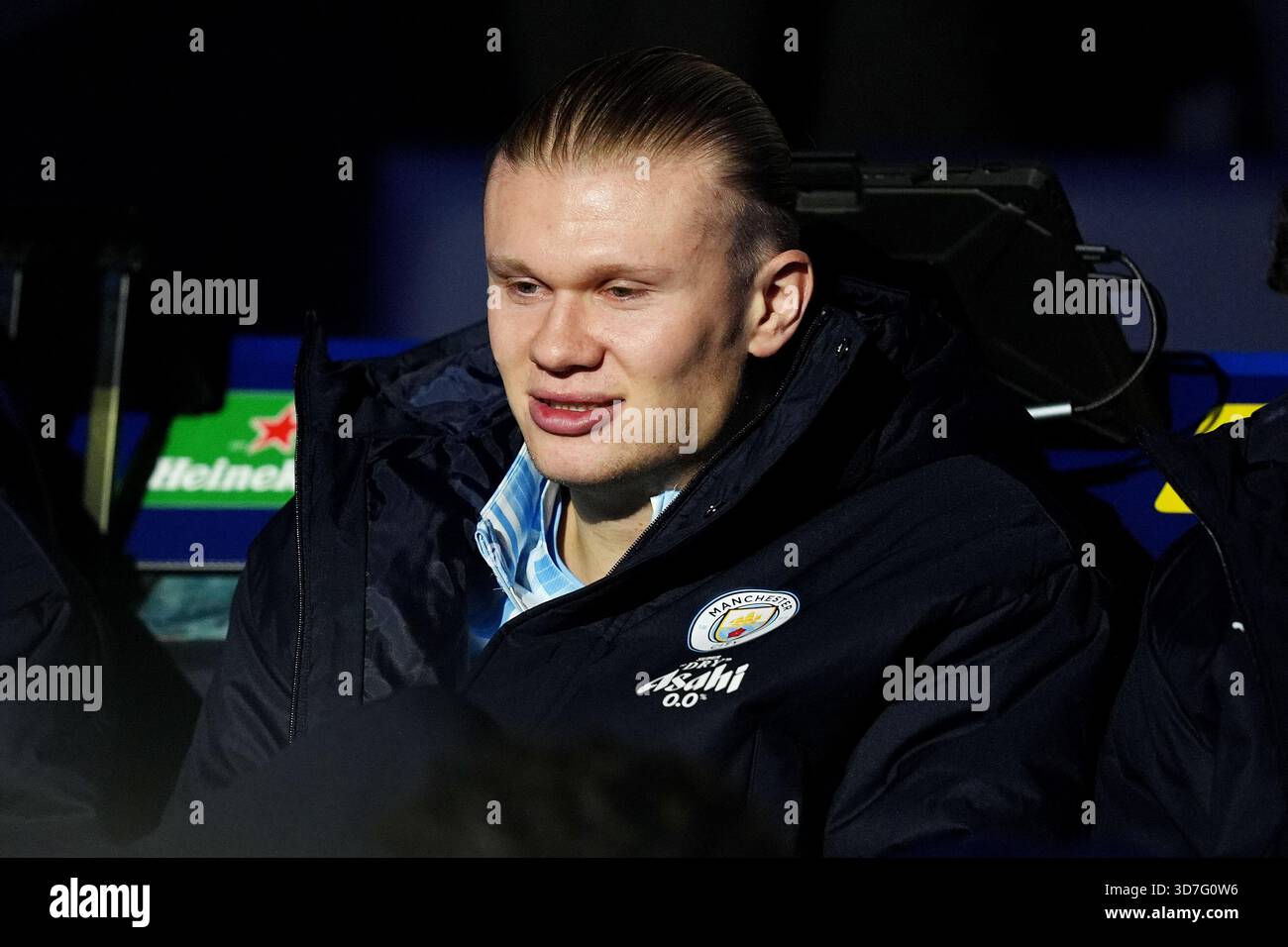 Manchester City's Erling Haaland on the bench ahead of the UEFA ...