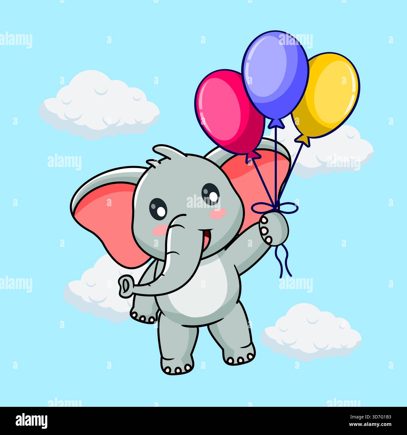 Cute Baby Elephant Flying with Colorful Balloons Vector Illustration ...