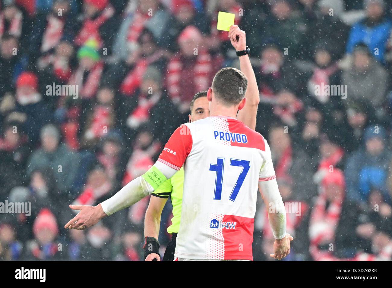 Lukas Provod of Slavia receives yellow card during the Football ...