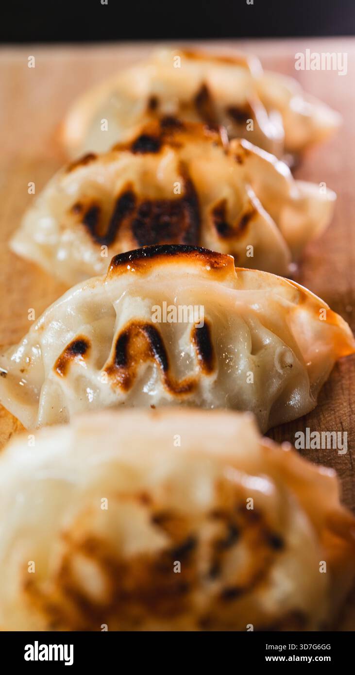 Beautiful golden gyozas perfectly arranged on a plate. Crispy bottom ...