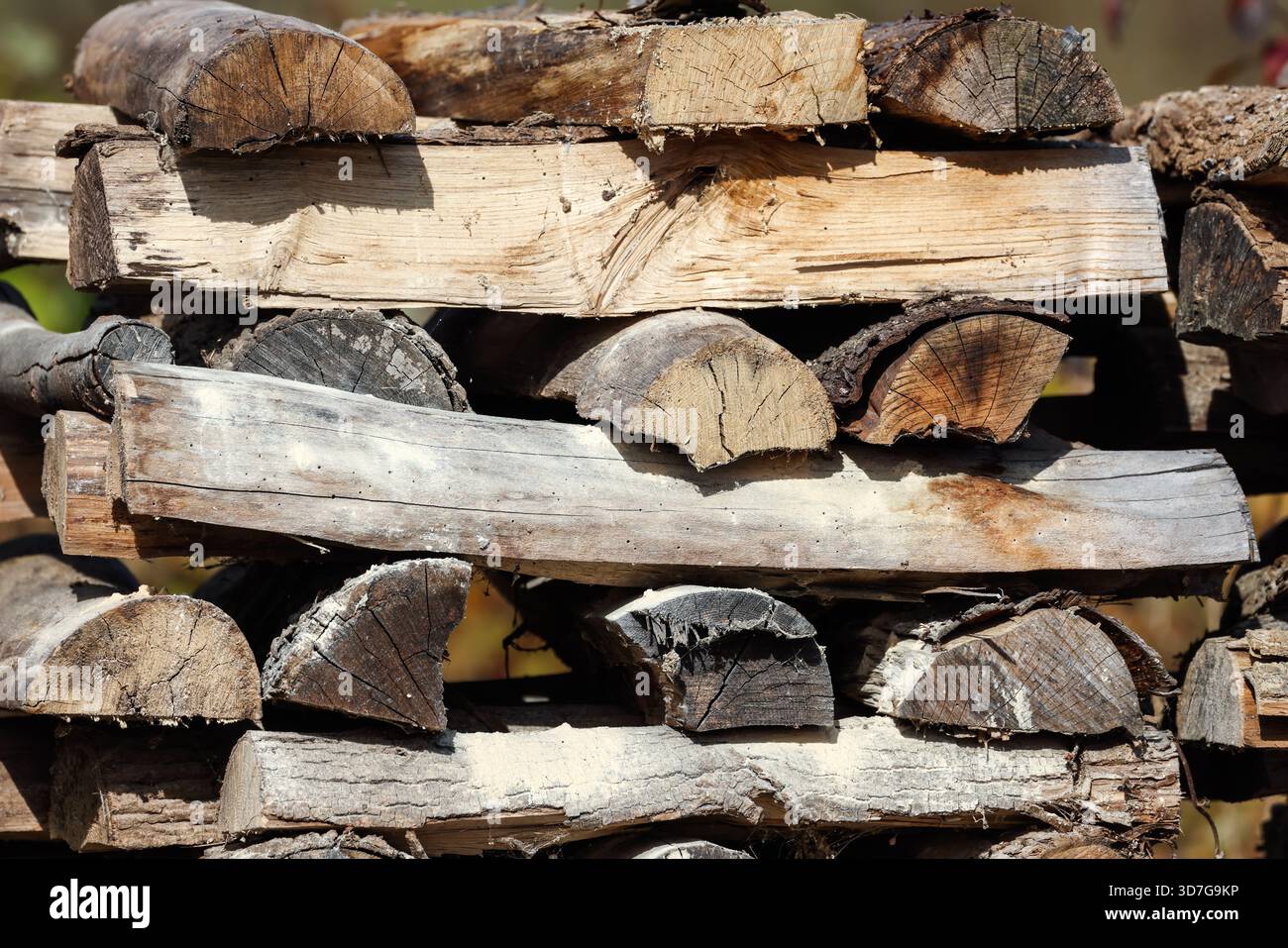 Close-up of neatly stacked dried firewood logs with beautiful texture ...