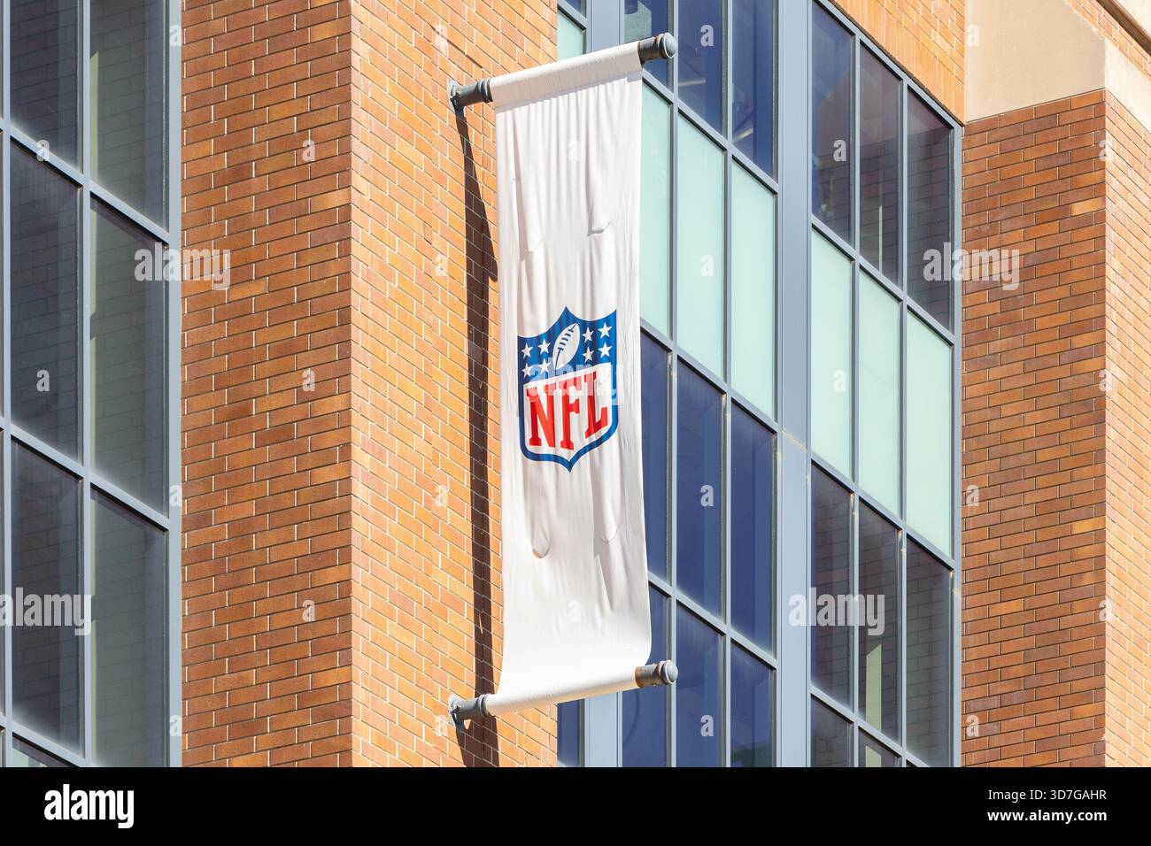 The National Football League, NFL, logo on a banner outside of Lucas ...