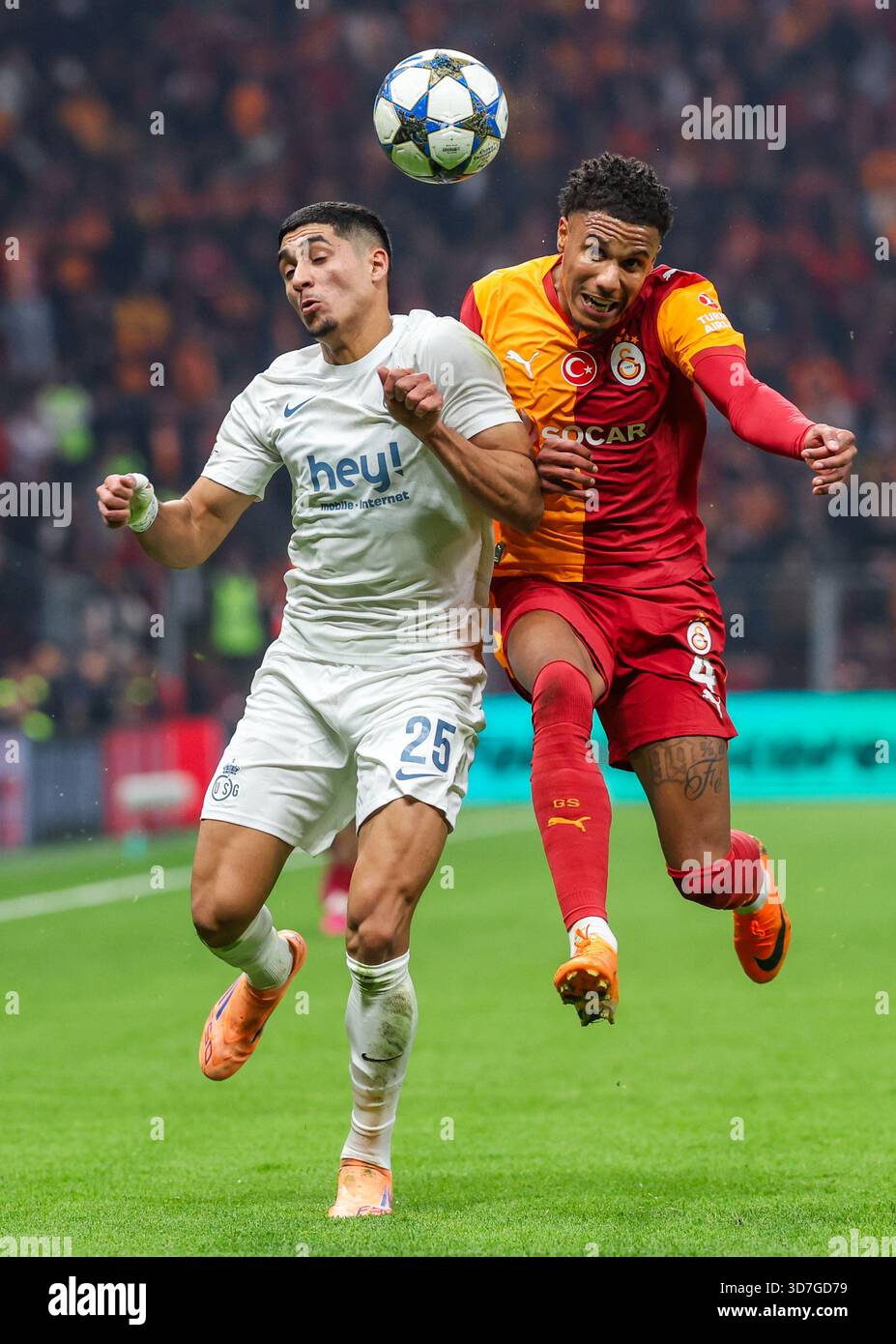 Union's Anan Khalaili and Galatasaray's Ismail Jakobs fight for the ball during a soccer game ...