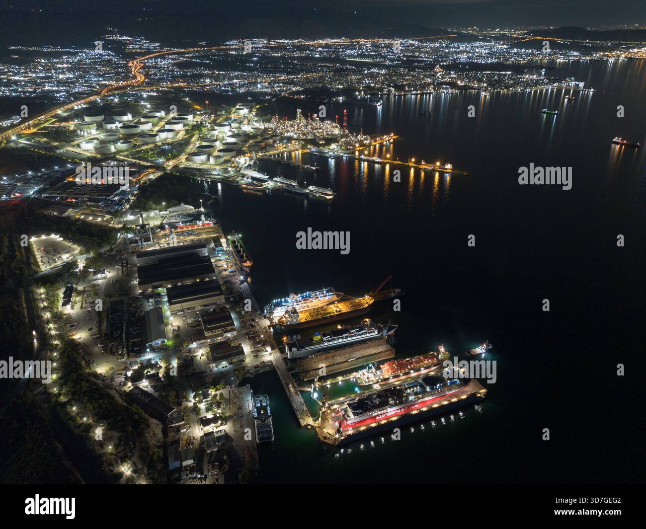 Athens, Greece, 25 November 2025. An aerial night view of the wider ...
