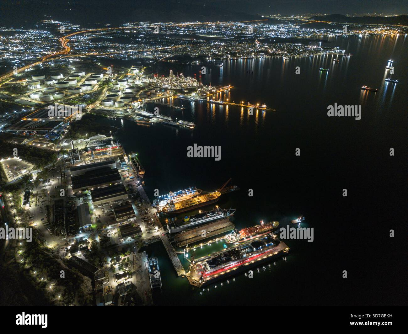 Athens, Greece, 25 November 2025. An aerial night view of the wider ...
