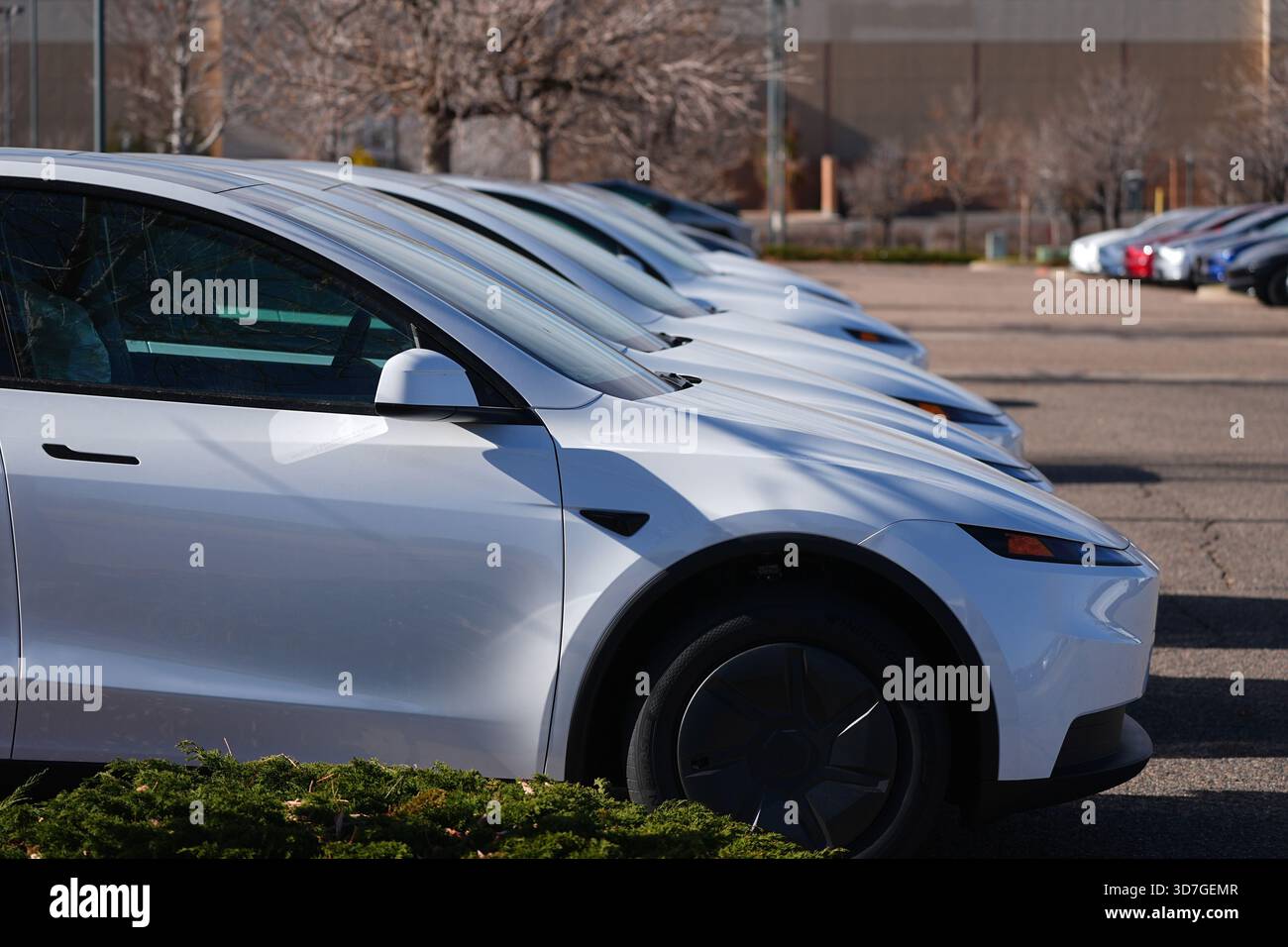 Unsold 2026 Tesla Model Y utility vehicles sit in a holding lot Tuesday ...