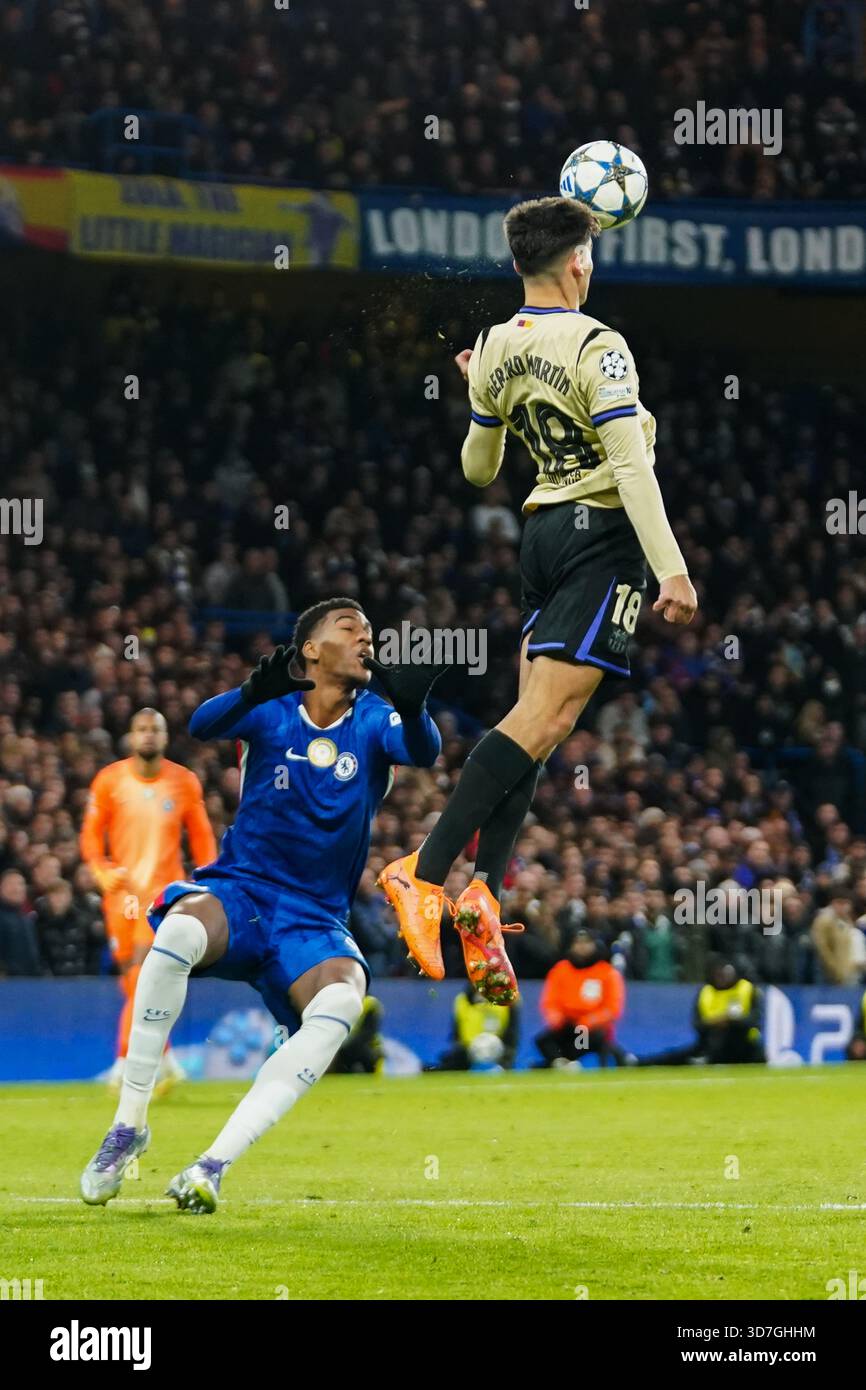Gerard Martin of Barcelona under pressure from Andrey Santos of Chelsea ...
