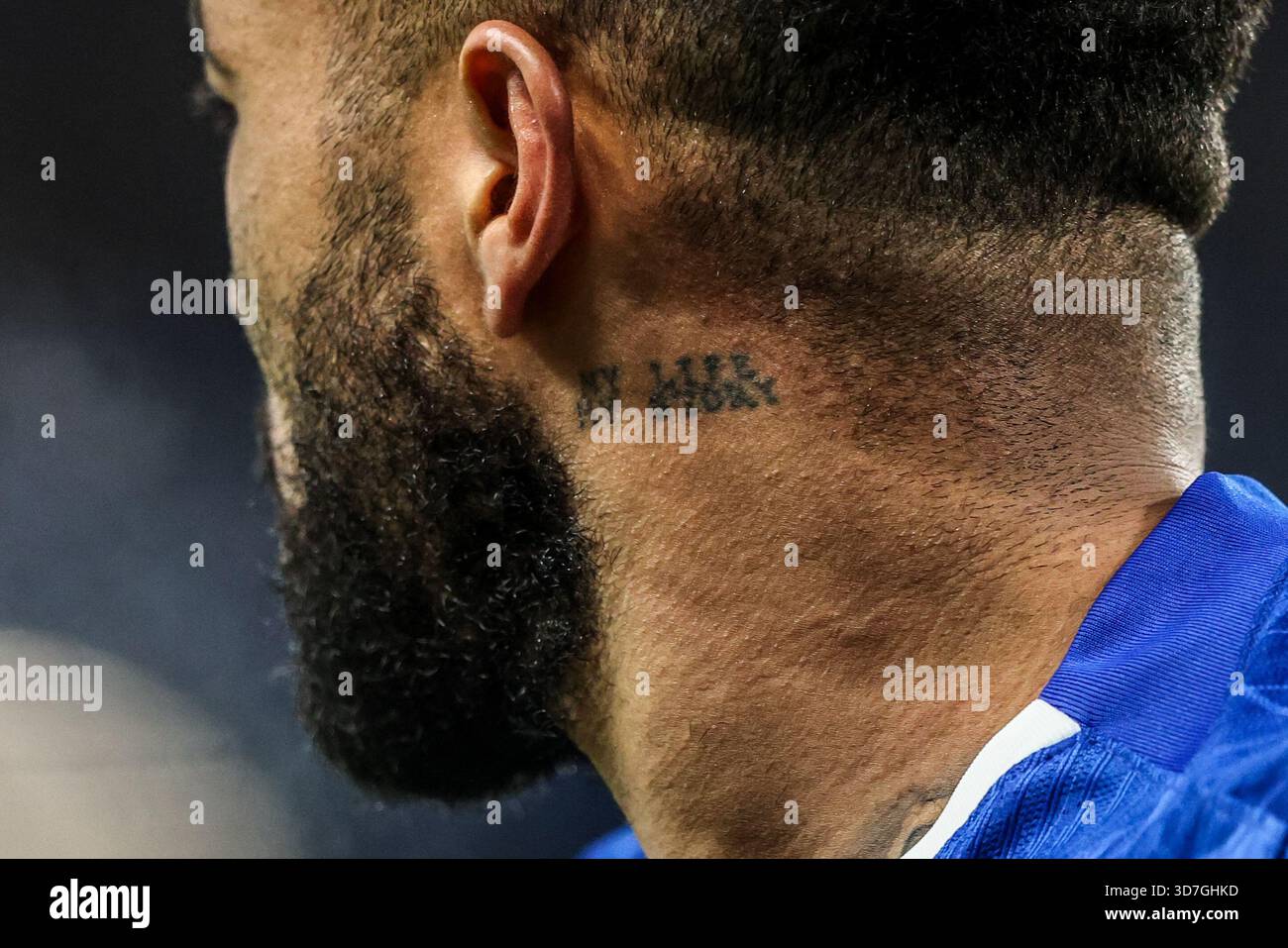 The tattoo on the neck of Reece James of Chelsea during the UEFA ...