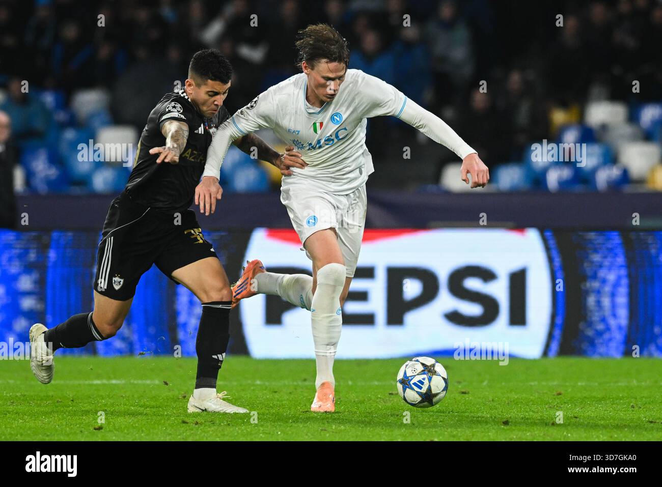 Napoli, Italy, 25 November,2025 Pedro Bicalho of Qarabag competes for ...