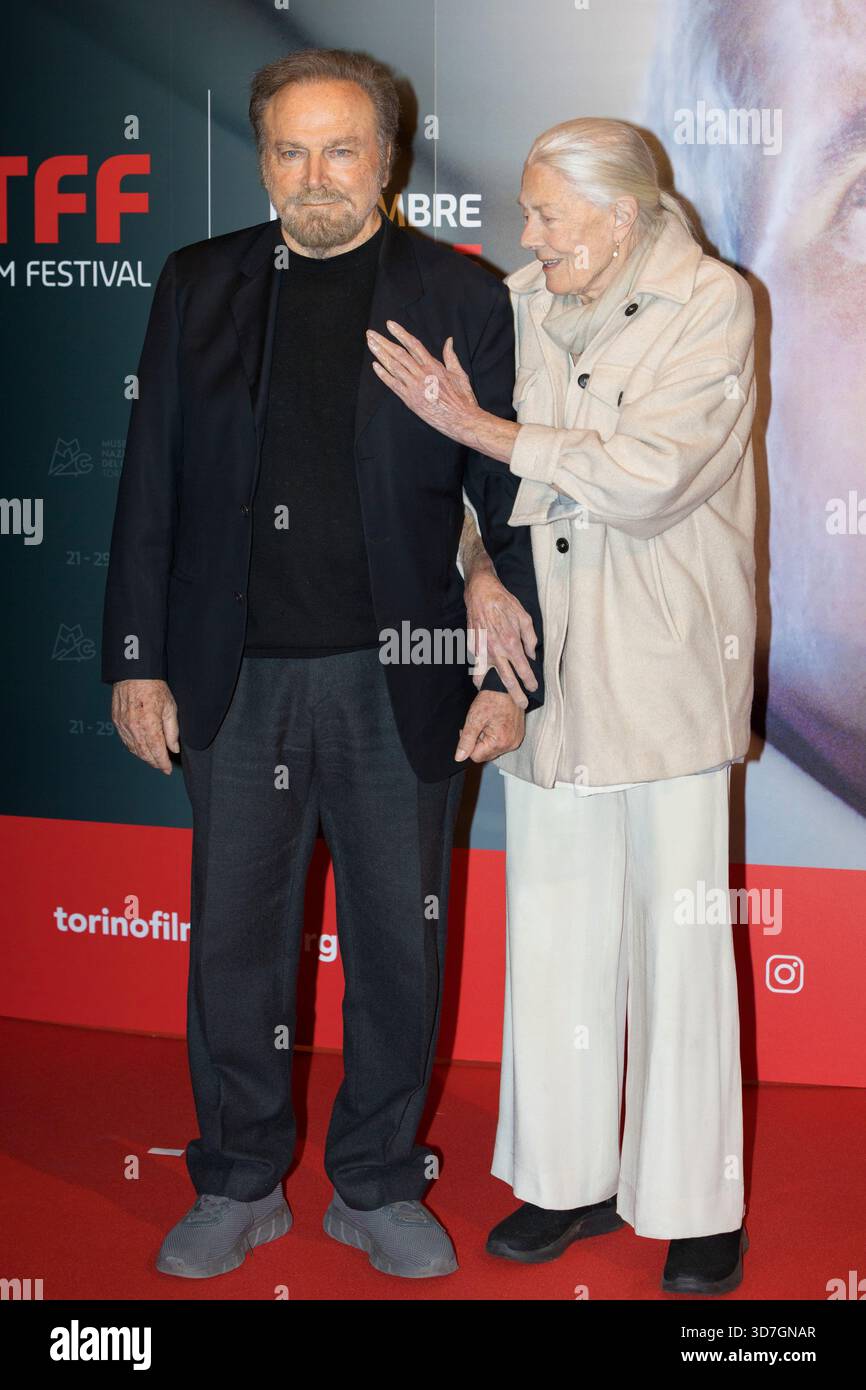 Turin, Italy. 25th Nov, 2025. Actress Vanessa Redgrave (right) shares a ...