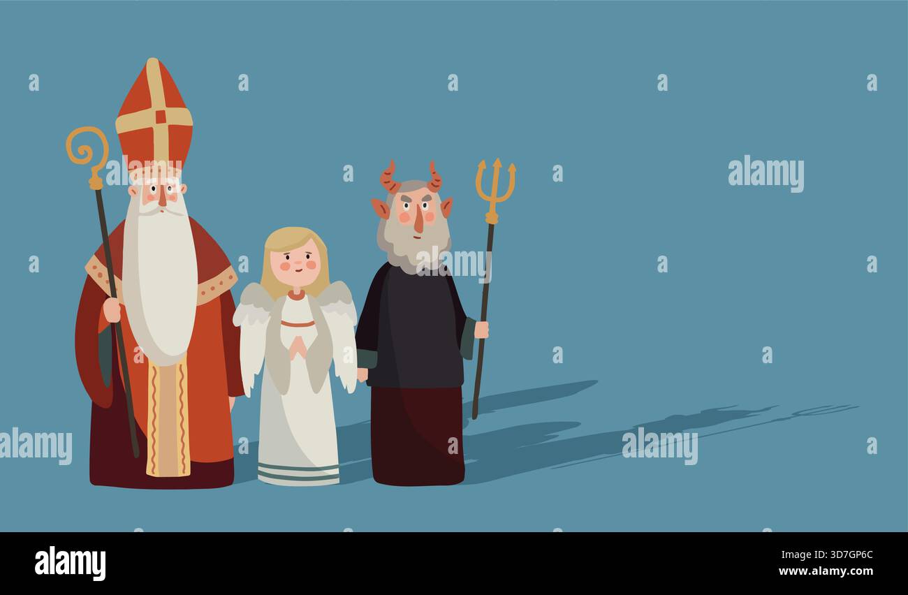 Cute hand drawn Saint Nicholas, angel, devil. St. Nicholas day greeting ...
