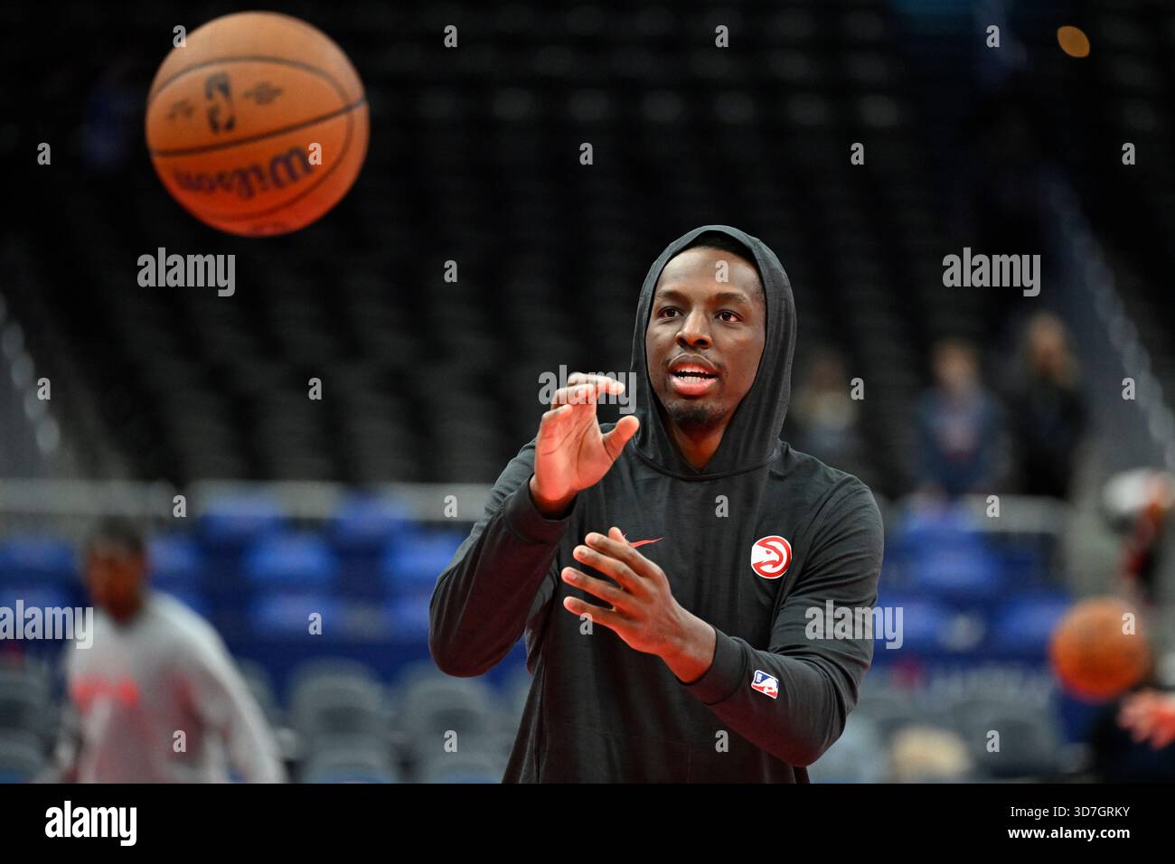 Atlanta Hawks forward Onyeka Okongwu warms up before a Emirates NBA Cup ...