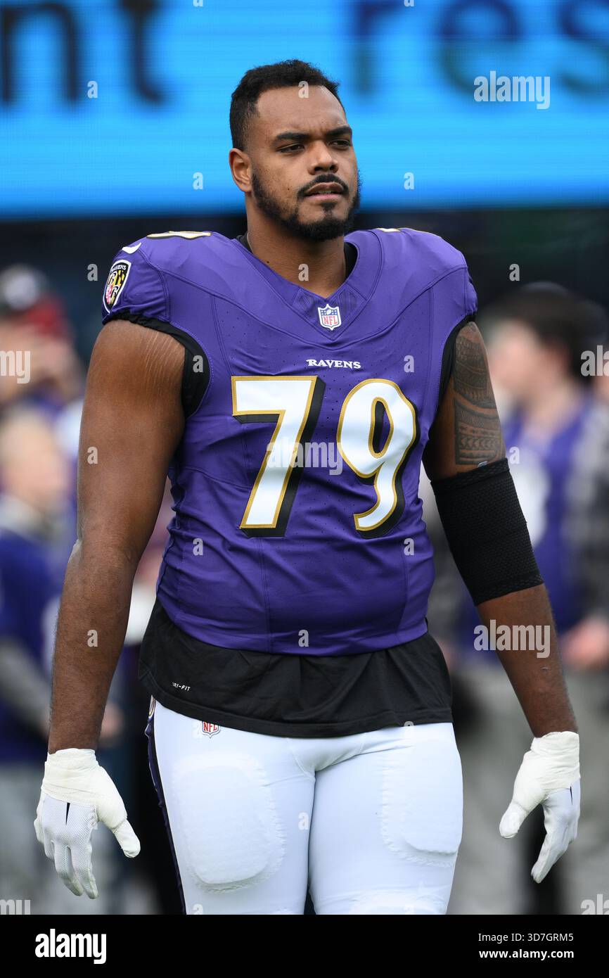 Baltimore Ravens offensive tackle Ronnie Stanley (79) warms up before ...