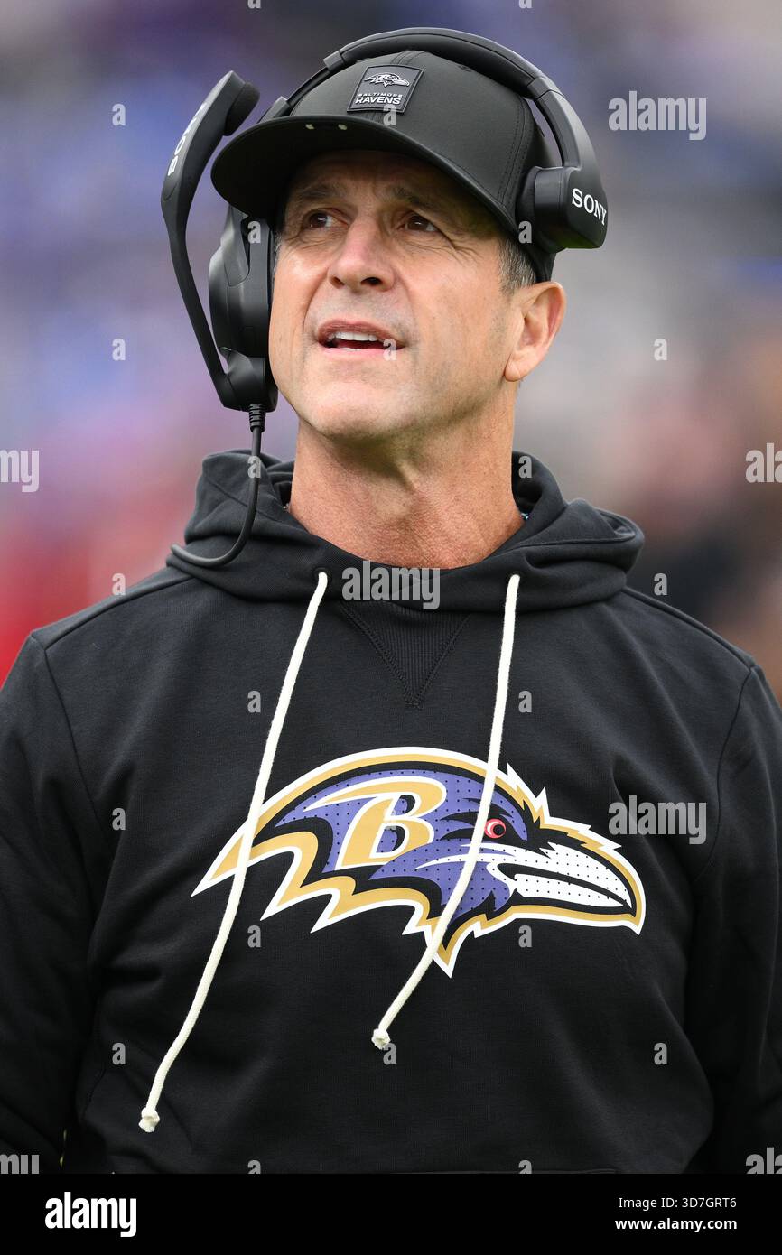 Baltimore Ravens head coach John Harbaugh looks on before an NFL ...