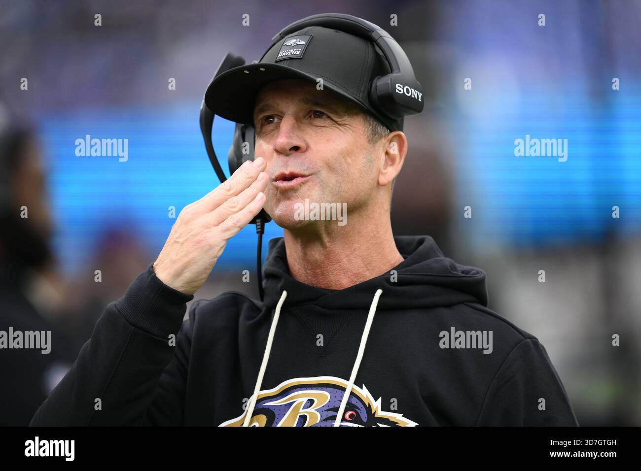 Baltimore Ravens head coach John Harbaugh gestures before an NFL ...