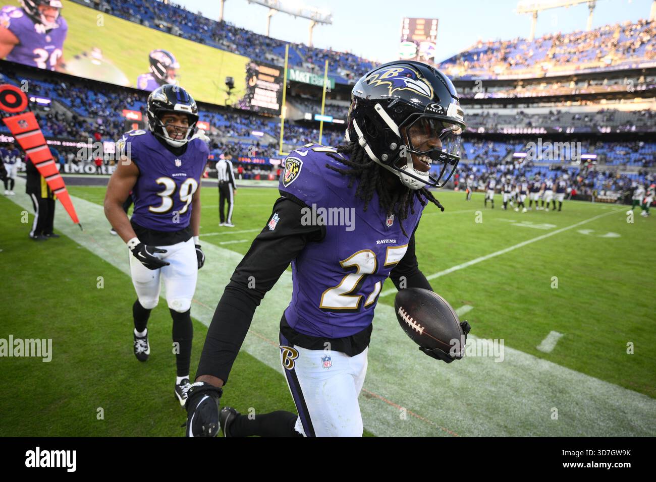 Baltimore Ravens cornerback T.J. Tampa (27) reacts after an ...