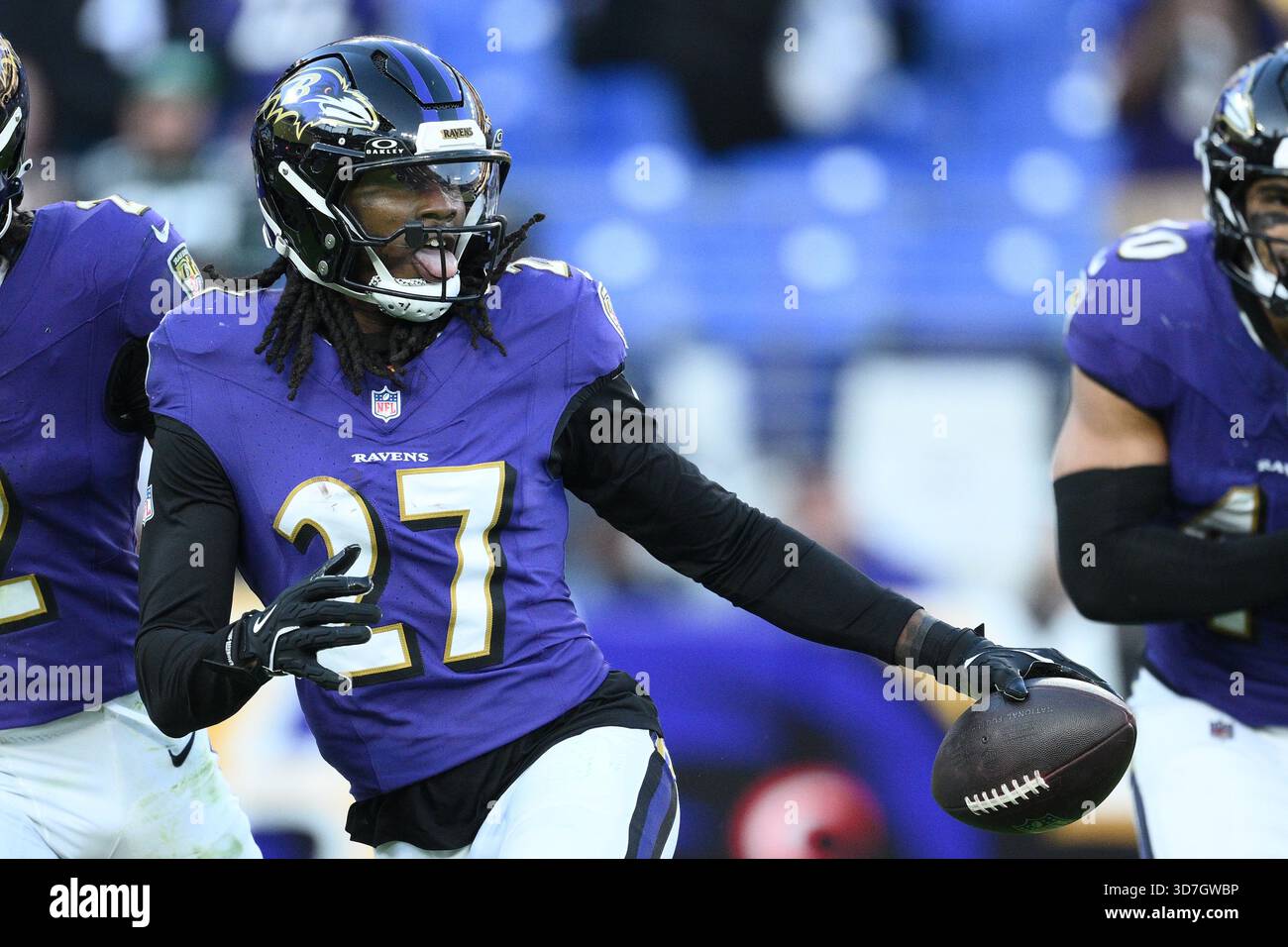 Baltimore Ravens cornerback T.J. Tampa (27) celebrates his interception ...