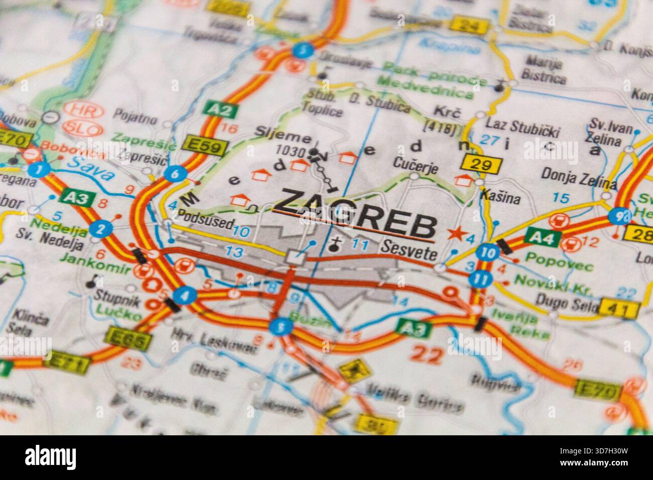 Zagreb, Croatia on a road map Stock Photo - Alamy