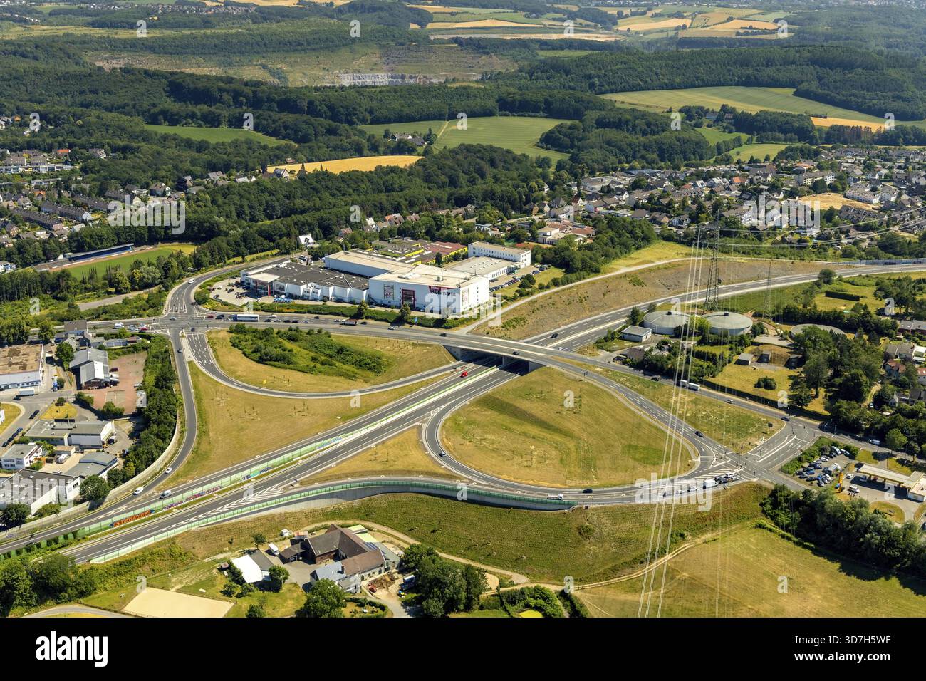 Aerial view of the new Velbert A44 motorway junction and federal road ...