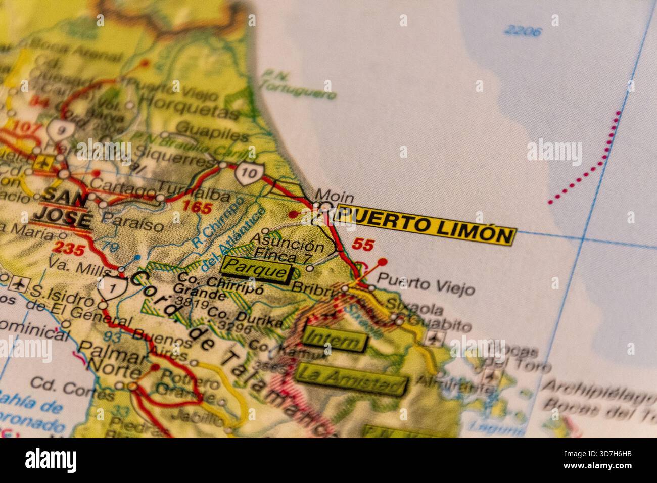Puerto Limon, Costa Rica on a road map Stock Photo - Alamy