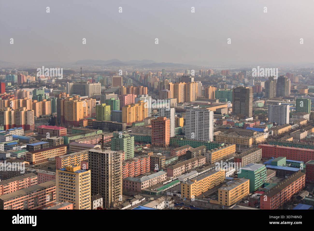 View of colourful Pyongyang apartment buildings from the Juche Tower ...